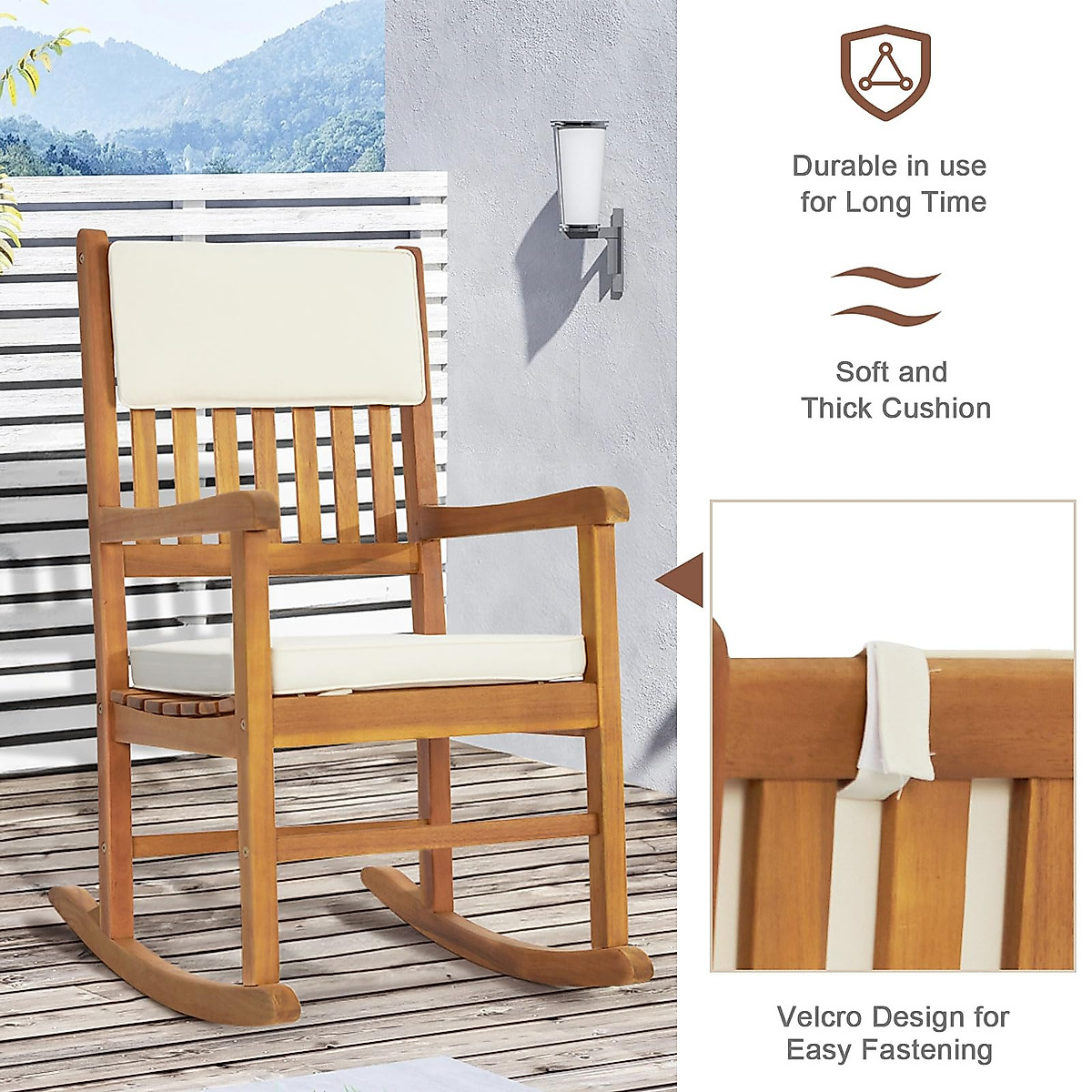 VINGLI Acacia Outdoor Rocking Chair with Cushions, Wooden Rocker Support 550 LBS for Indoors & Outdoors, 1 Pack