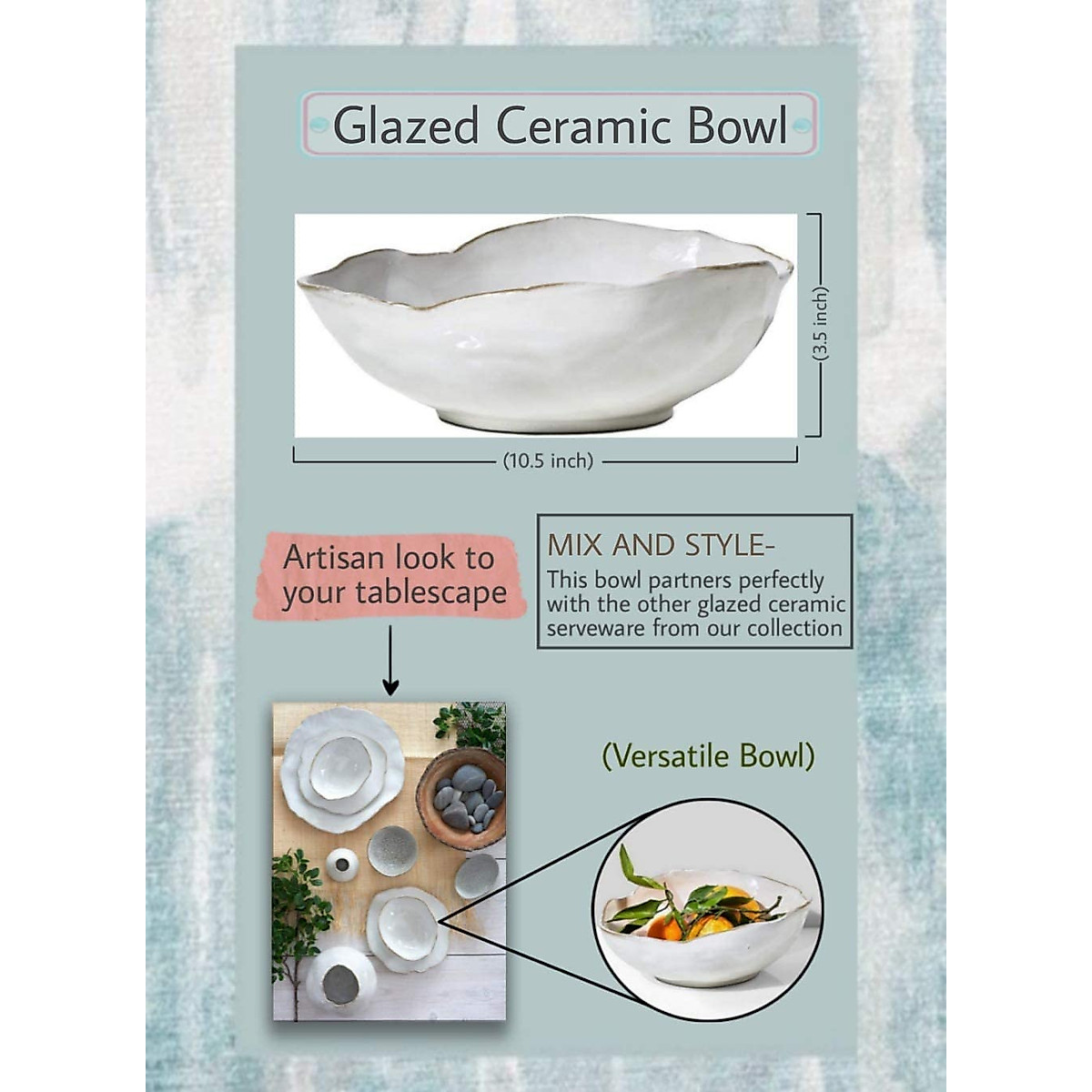 Serene Spaces Living Extra Large Free-Form Edge Glazed Ceramic Bowl - Fruit Basket, Dinnerware, Centerpiece for Vintage Weddings, Events, 10.5" Long, 8" Wide and 3.5" Tall