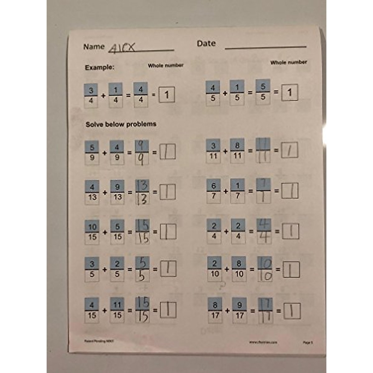 Channie’s One Page A Day Workbook, Beginner Single Digit Fraction Math Practice Worksheets, 50 Pages Front & Back, 25 Sheets, Grades 3rd, 4th, and 5th, Size 8.5” x 11” Summer School, Summer Bridge
