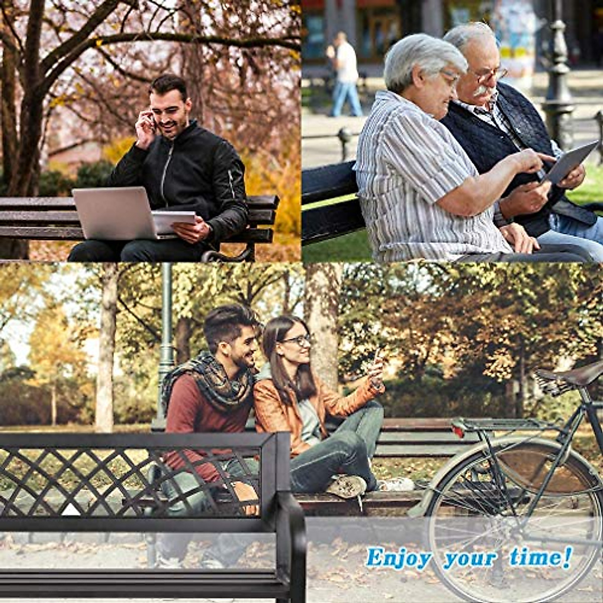 Garden Bench Patio Bench Outdoor Park Bench Metal Outside Porch Chair Seat Cast Iron Steel Frame Sturdy Bench Patio Furniture for Yard Porch Entryway Lawn Decor Deck, Black, 46 in