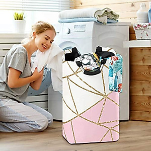 ALAZA Large Laundry Basket Nordic Pink Gold Marble Geometry Laundry Bag Hamper Collapsible Oxford Cloth Stylish Home Storage Bin with Handles, 22.7 Inch