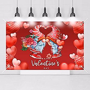 3.7x6Ft Valentines Day Backdrop Banner Romantic Love Heart with Gnomes Happy Valentine's Day Sign Photography Background Photo Booth Props for Proposal Bridal Shower Wedding Party Decorations Supplies
