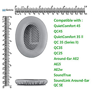 Geekria QuickFit Replacement Ear Pads for Bose QC45, QC35, QC35 ii, QC35 ii Gaming, QC15 QC25, AE2, AE2i, AE2w, SoundTrue, SoundLink AE, QCSE, Headset Earpads, Ear Cups Ear Cover (Silver Grey)