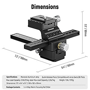 NEEWER 4-Way Macro Focusing Rail Slider with Quick Release Plate, 1/4”-20 Thread for Macro Photography and Close-Up Shooting, Compatible with Canon Nikon Fujifilm Sony DSLR Mirrorless Camera