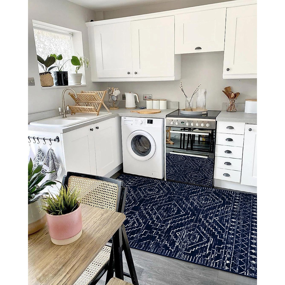 Wonnitar Moroccan 5x7 Blue Rugs for Living Room, Washable Geometric Tribal Bedroom Area Rug, Large Non-Shedding Soft Low Pile Stain Resistant Carpet for Den Kitchen Home Decor (Blue,5'x7')