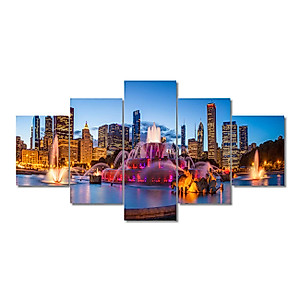 Native American Wall Decor Chicago Skyline Paintings America Cityscape Artwork Chicago Buckingham Fountain Canvas Wall Art Framed Modern Artwork Home Decorations (60" Wx32 H)