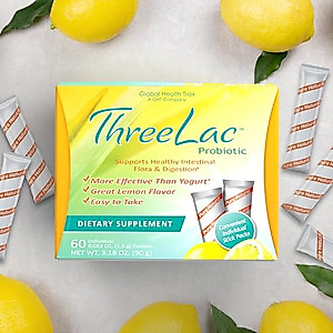 Threelac Probiotic Dietary Supplement, Natural Lemon Flavor, Includes 60 .053-Ounce Packets