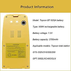 YYSHINE (1 Pack) BT-52QA 7.2V 2700mAh NiMH Battery for BT-52QA Total Stations 3 PIN GTS/GPT Series Surveying, CTS-3000, GPT-1000, GPT-1003 Part NO 51730, BT-52Q, BT-52QA Battery