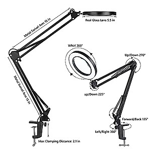 Magnifying Glass with Light and Stand, 3 Color Modes Stepless Dimmable, 5-Diopter Glass Lens, Adjustable Swivel Arm, LED Magnifier Desk Lamp for Close Work, Repair, Crafts, Reading - Long