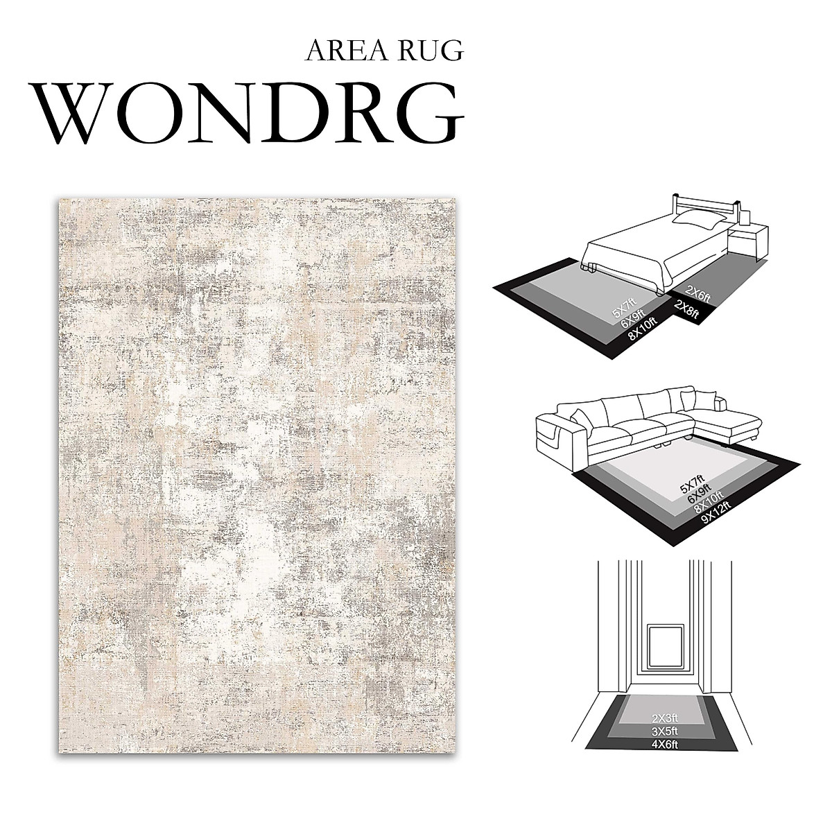 WondRg 8x10 Washable Area Rug Beige Grey Abstract Modern Living Room Bedroom Large Throw Rug Non Slip Soft Distressed Low Pile Neutral Indoor Floor Carpet for Dining Room Kitchen Office Entryway Decor