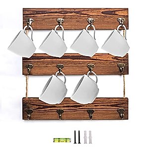 Coffee Mug Rack, Wood Cup Holder Wall Mounted with 12 Hooks, Rustic Farmhouse Mug Holder, Holder Rack for Coffee Station, Kitchen Storage and Home (Retro Brown)