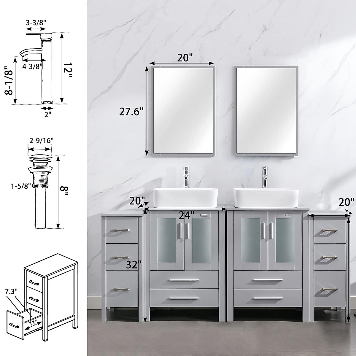 eclife 72" Modern Bathroom Vanity Sink Combo Gray W/Small Side Cabinets White Rectangle Ceramic Vessel Sink & Water Save Faucet & Pop Up Drain (2T03)