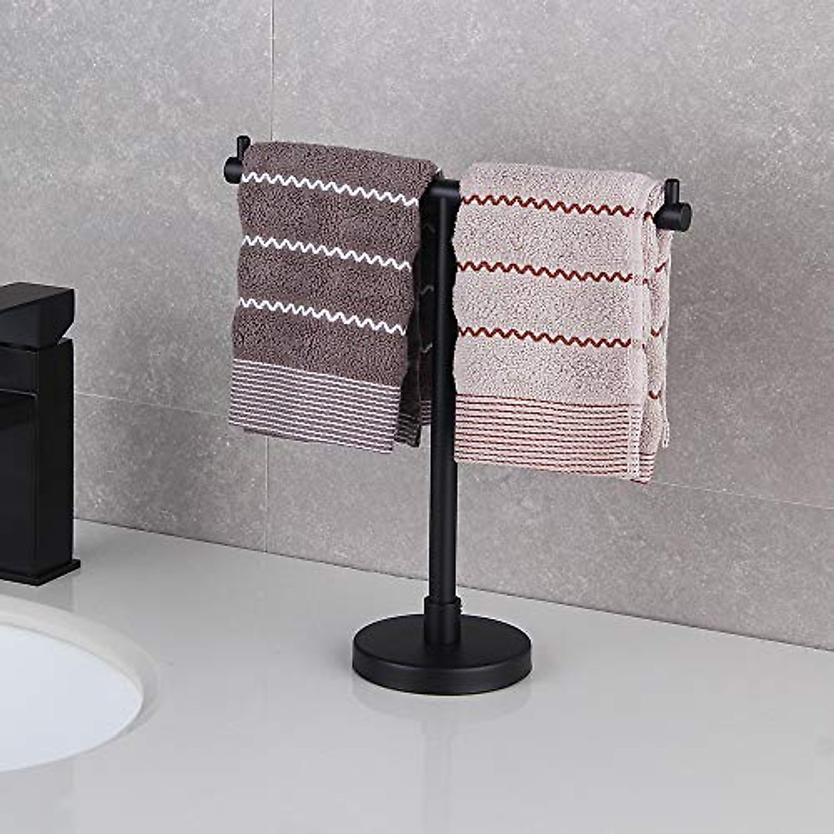 GERZWY Matte Black Hand Towel Holder Tree Rack Free Standing SUS 304 Stainless Steel Countertop Towel Ring DZY08-BK