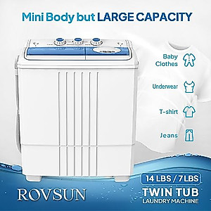 ROVSUN 21LBS Portable Washing Machine, Mini Compact Twin Tub Clothes Washer with Washer(14LBS) and Spinner(7LBS) & Pump Draining, Great for Home Dorms Apartments RV Camping (White & Blue)