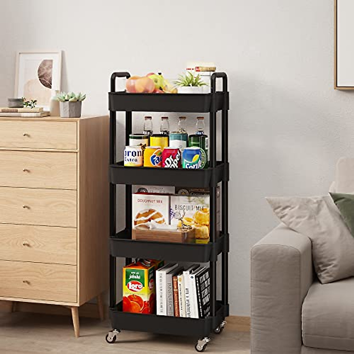 Buzowruil 4-Tier Utility Rolling Plastic Storage Cart Trolley with Lockable Wheels,Multifunctional Storage Shelves for Kitchen Living Room Office,Black