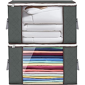 ZB.soar Clothing Storage Bags,Thickened Storage Bags for Bedroom with Reinforced Handle Thick Fabric for Comforters, Blankets, Bedding, Foldable with Sturdy Zipper, Clear Window, (2 Pcs, 90L, Gray)
