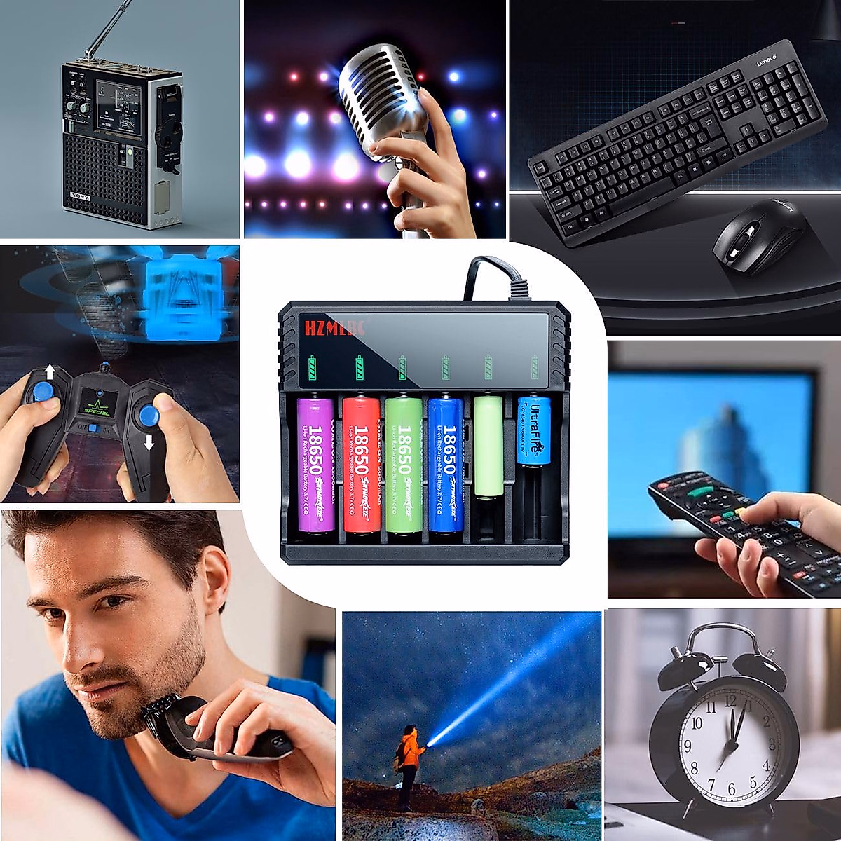 18650 Battery Charger Universal Smart Charger with LED Indicator for Flashlight Headlamp Batteries Compatible 3.7V Li-ion 26650 18500 14500 Rechargeable Batteries Charger (Only 6-Slot AC Charger)