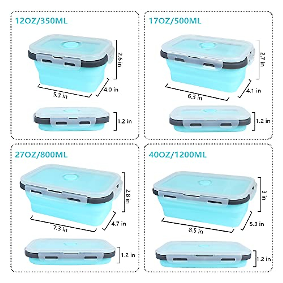 VIGIND Set of 4 Collapsible Foldable Silicone Food Storage Container, Leftover Meal Box With Airtight Plastic Lids For Kitchen, Bento Lunch Boxes-Microwave, Dishwasher and Freezer Safe
