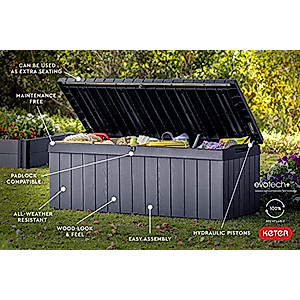 Keter Darwin 100 Gallon Resin Large Deck Box - Organization and Storage for Patio Furniture, Outdoor Cushions, Garden Tools and Pool Toys, Grey & Black