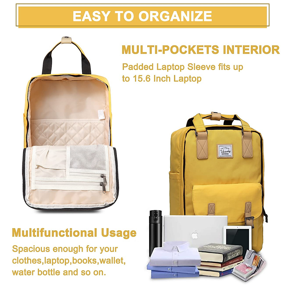 VASCHY Laptop Backpack for Men and Women, Unisex Vintage Water Resistant Casual Daypack Rucksack Bookbag for School College Yellow