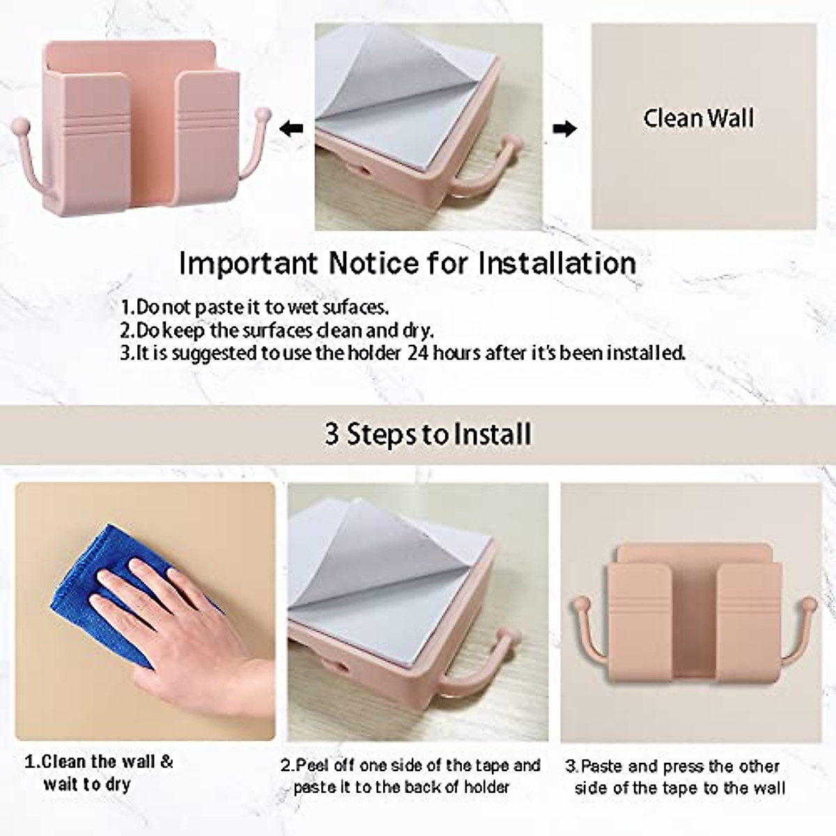 Marynee 8 Pcs Wall Mount Phone Holder Adhesive Remote Control Mobile Phone Plug Wall Holder with Hooks Organizer Storage Box for Bedroom Kitchen Bathroom (Mixed Colors), 3.1Wx5.5L