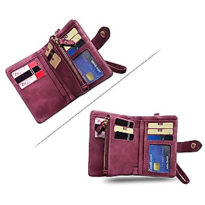Womens Small Bifold Leather Wallets Rfid Ladies Wristlet with Card slots id window Zipper Coin Purse (Purple)