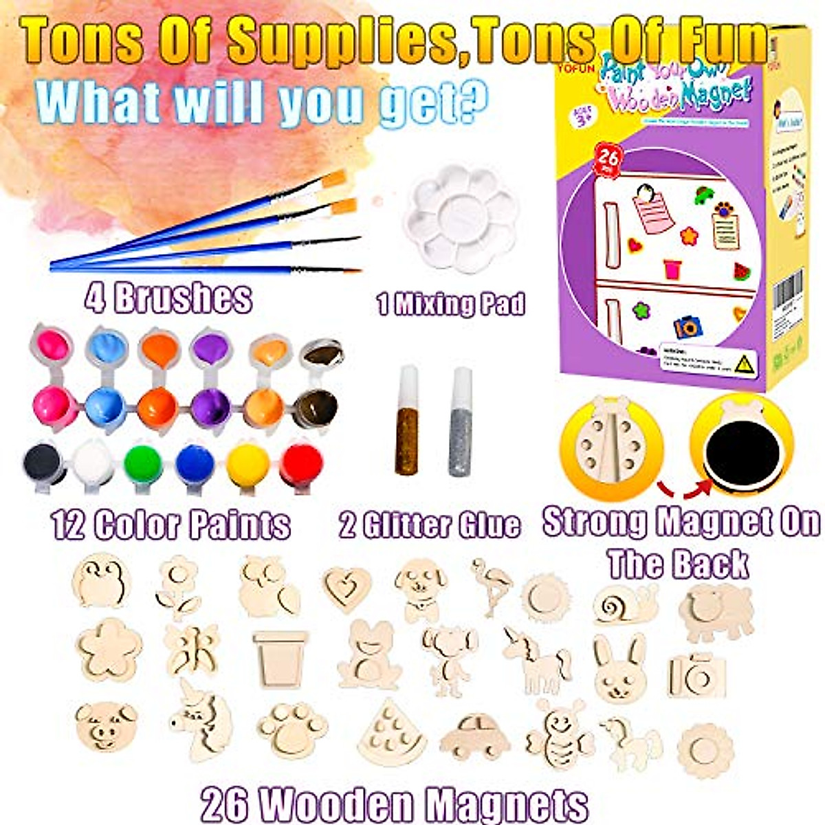 YOFUN Paint Your Own Wooden Magnet - Wood Painting Craft Kit and Art Set for Kids, Art and Craft Supplies Party Favors for Boys Girls Age 4 5 6 7 8, Easter Crafts & Basket Stuffers