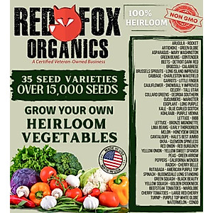 Non-GMO Heirloom Seed Kit | 15,000+ Non-Hybrid Open-Pollinated Seeds | 35 Varieties of Fruit and Vegetable Seeds |Easy Storage | Emergency Preparedness | Veteran Owned Business | Red Fox Organics