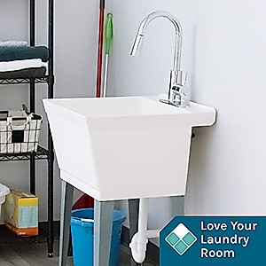 JS Jackson Supplies White Utility Sink Laundry Tub with High Arc Chrome Faucet, Pull Down Sprayer Spout, Heavy Duty Slop Sinks for Basement, Garage, or Shop, Free Standing Wash Station