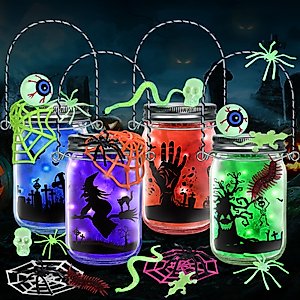 ShyLizard 4Pack Halloween Crafts for Kids, Halloween Mason Jar with Accessories, Halloween DIY Arts and Crafts Kits for Kids Age 3 4 5 6 7 8 9 10 Years, Halloween Craft and Art Party Supplies