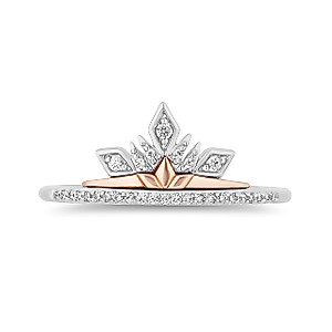 Jewelili Enchanted Disney Fine Jewelry Sterling Silver and 10K Rose Gold 1/6 Cttw Natural White Round Diamond Elsa-Anna Duo Stack Ring, Size 6