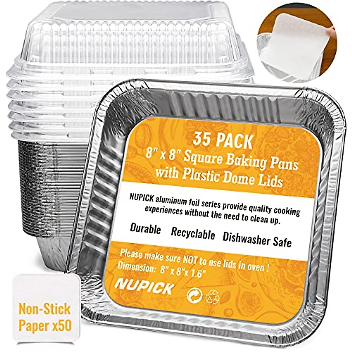 NUPICK 35 Pack 8 inch Square Baking Cake Pans with Plastic Lids and Non-Stick Paper (50 Sheets), Disposable Aluminum Foil Food Containers