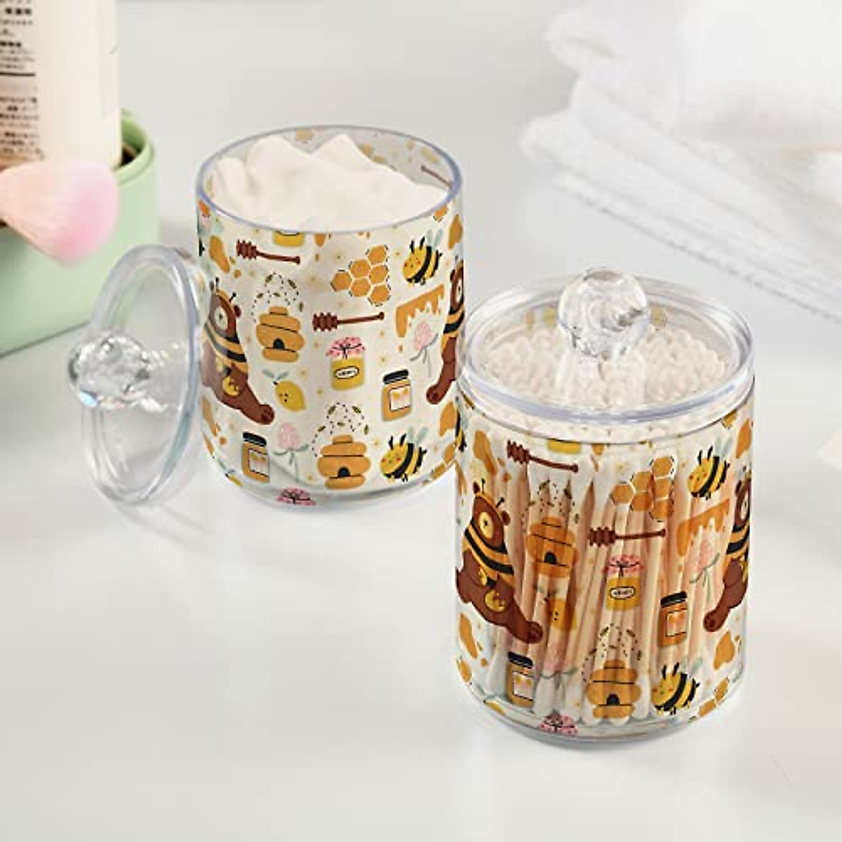 MNSRUU 2 Pack Qtip Holder Organizer Dispenser Bear Bee Bathroom Storage Canister Cotton Ball Holder Bathroom Containers for Cotton Swabs/Pads/Floss