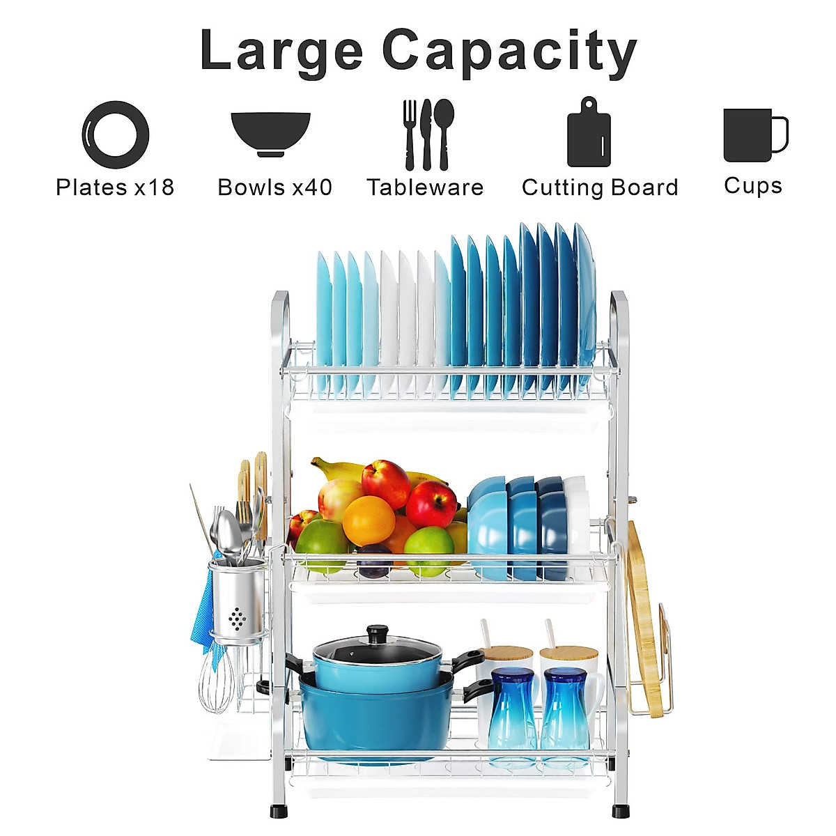 GSlife Dish Drying Rack, Stainless Steel 3 Tier Dish Rack with Tray Utensil Holder, Large Capacity & Rustproof Dish Drainer for Kitchen Counter, Silver