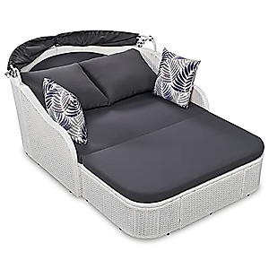 XYFDDWM 79.9" Outdoor Sunbed with Adjustable Canopy, Double Lounge, PE Rattan Daybed, White Wicker, Gray Cushion (White)