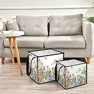 Kigai Flowers and Animals Cube Storage Bins, 13x13x13inch Collapsible Fabric Storage Cubes Organizer with Handles Decorative Storage Baskets for Home, Shelf, Closet
