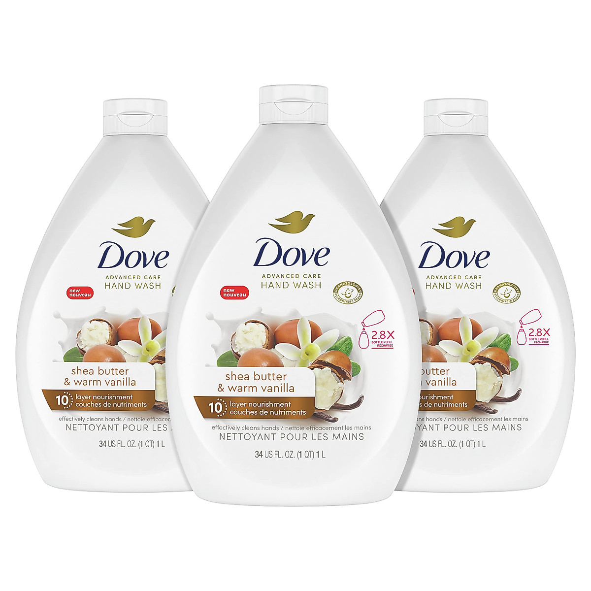Dove Advanced Care Hand Wash Shea Butter & Warm Vanilla Pack of 3 For Soft, Smooth Skin, More Moisturizers Than The Leading Ordinary Hand Soap, 34 oz