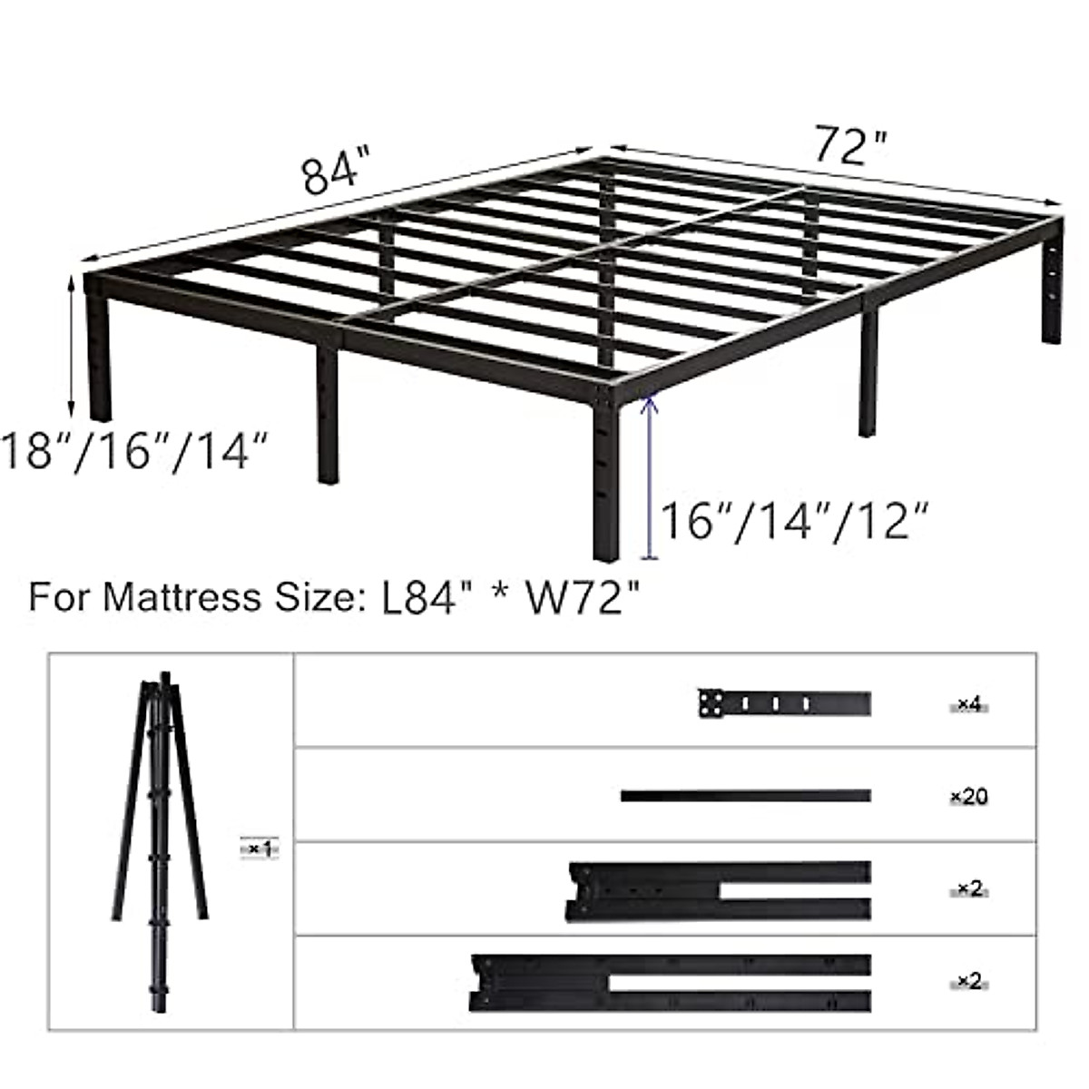 Wulanos California King Bed Frames 18 inches Tall, 3500lbs Heavy Duty Metal Platform with Steel Slats Support, No Box Spring Needed, Sturdy and Noise-Free