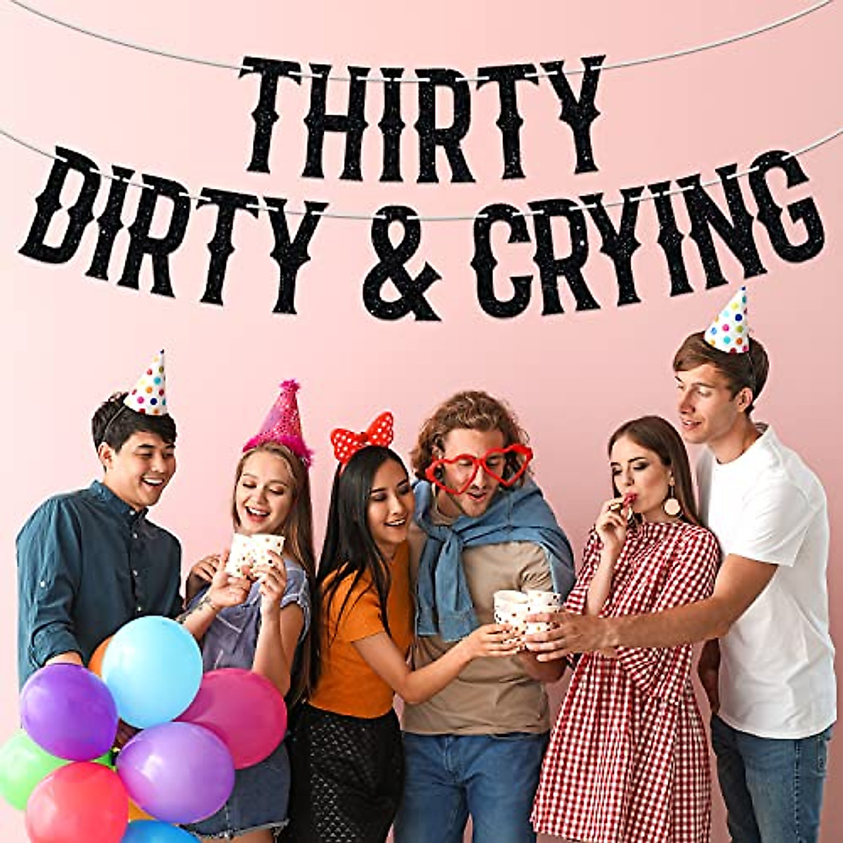 Thirty Dirty & Crying Banner, Happy 30th Birthday Party Decoration Supplies, Funeral Birthday Bunting Sign for 30 Years Old, Black Glitter