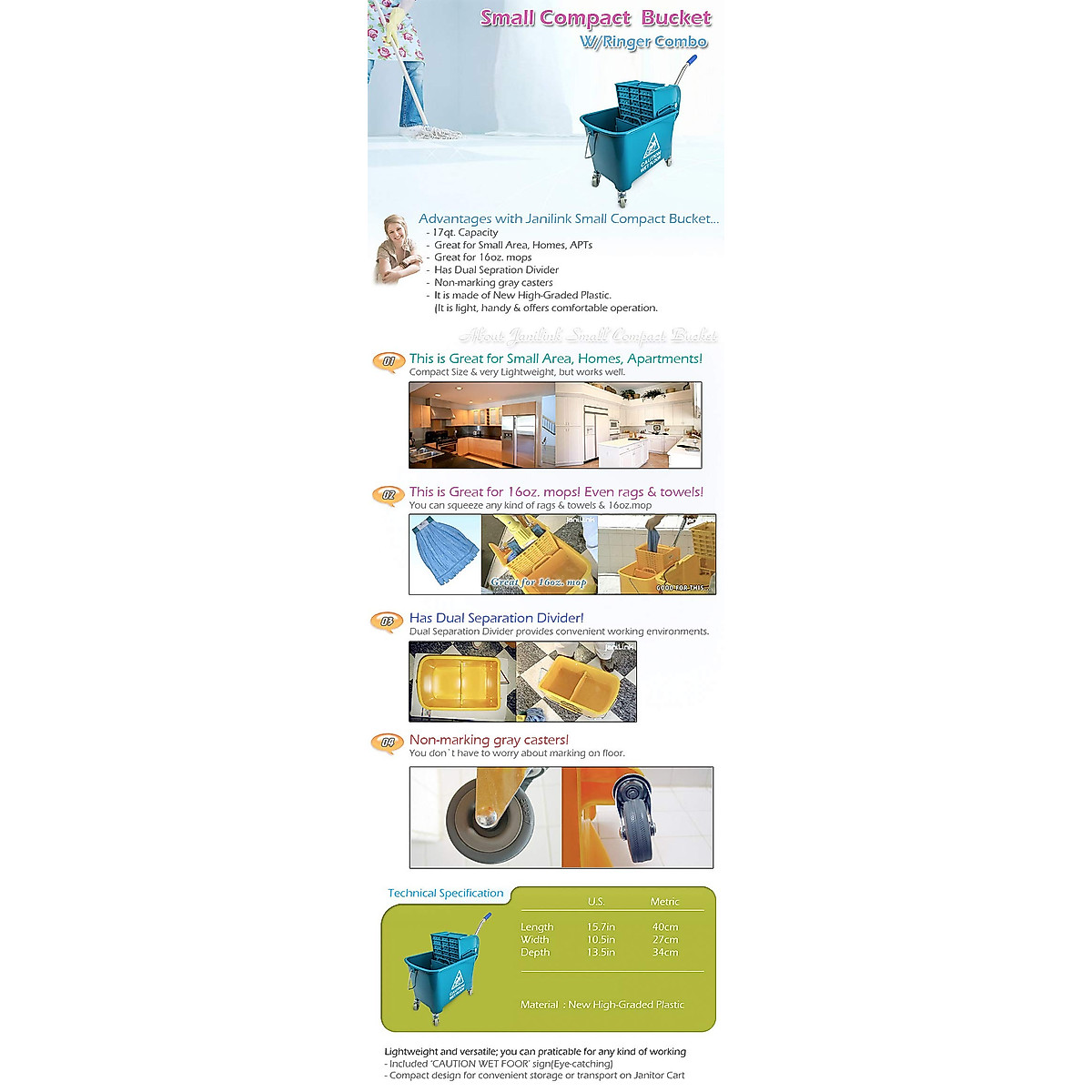 Compact Mini Mop Bucket w/Side Press Wringer 17 QT Yellow, Blue & Green by janiLink (Green)