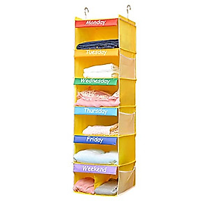 CLUQMEIK Kids Closet Organizers and Storage, Weekly Hanging Clothes Organizer, 6 Shelves with Side Mesh Pockets, 41.7"x12"x12", Yellow, Days of The Week Clothing System, Monday Through Friday