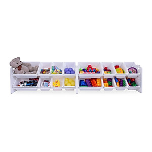 UNiPLAY Toy Organizer with 16 Removable Storage Bins, Multi-Bin Organizer for Books, Building Blocks, School Materials, Toys with Baseplate Board Frame (White)