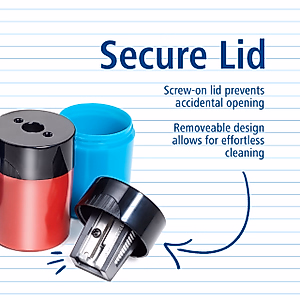 STAEDTLER pencil sharpener, premium quality sharpener with screw-on lid, prevents accidental openings, compact size for pencil case and work-station, 511 63BK (Pack of 1) , Assorted colors.