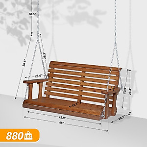 VINGLI 4 FT Outdoor Porch Swing, Upgraded XL Size Seat Depth & Back Height Wooden Patio Swing, Heavy Duty 880 LBS Front Hanging Swing for Yard, Tree, Balcony (Brown)