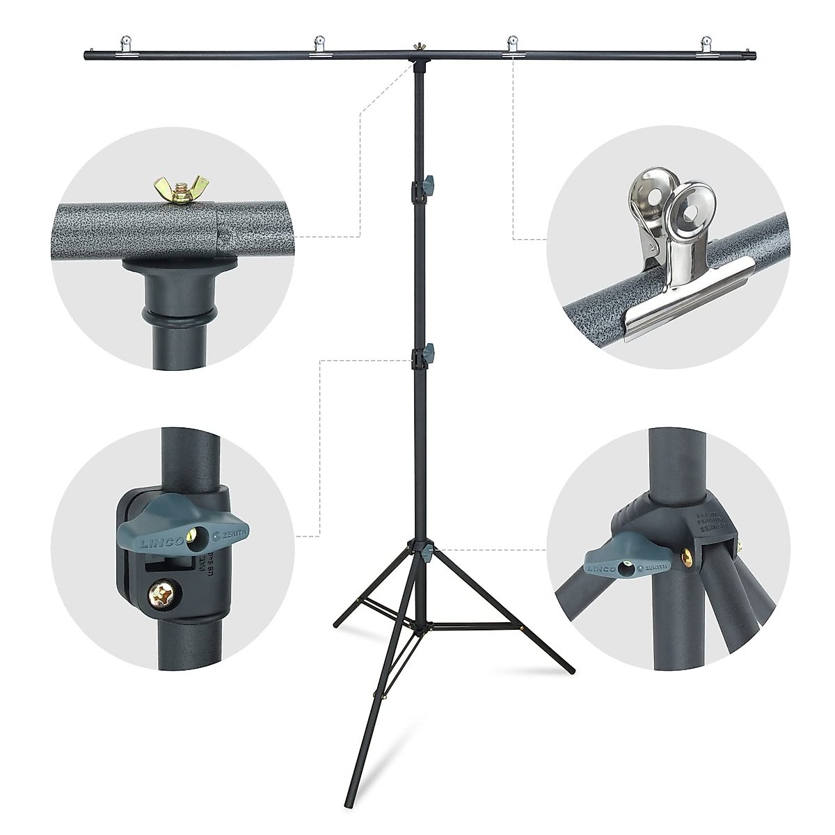 LINCO Lincostore Zenith Portable T-Shape Background Backdrop Stand Kit 5x6.7ft - 5ft Wide (Fixed) and 6.7ft High (Adjustable)- Lightweight Only 4 Lbs Easy to Carry and Storage Black