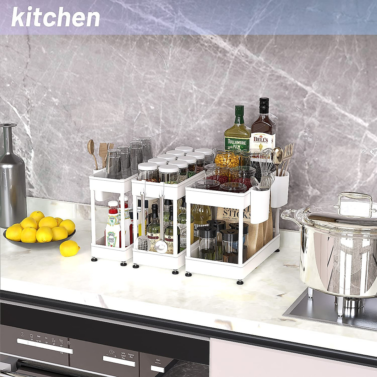 3 Pack Under Sink Organizers and Storage,2 Tier Under the Sink Organizer with 12 Hooks and 3 Cups,ABS Material Multi-purpose Under Cabinet Organizers and Storage for Bathroom Kitchen Laundry Room