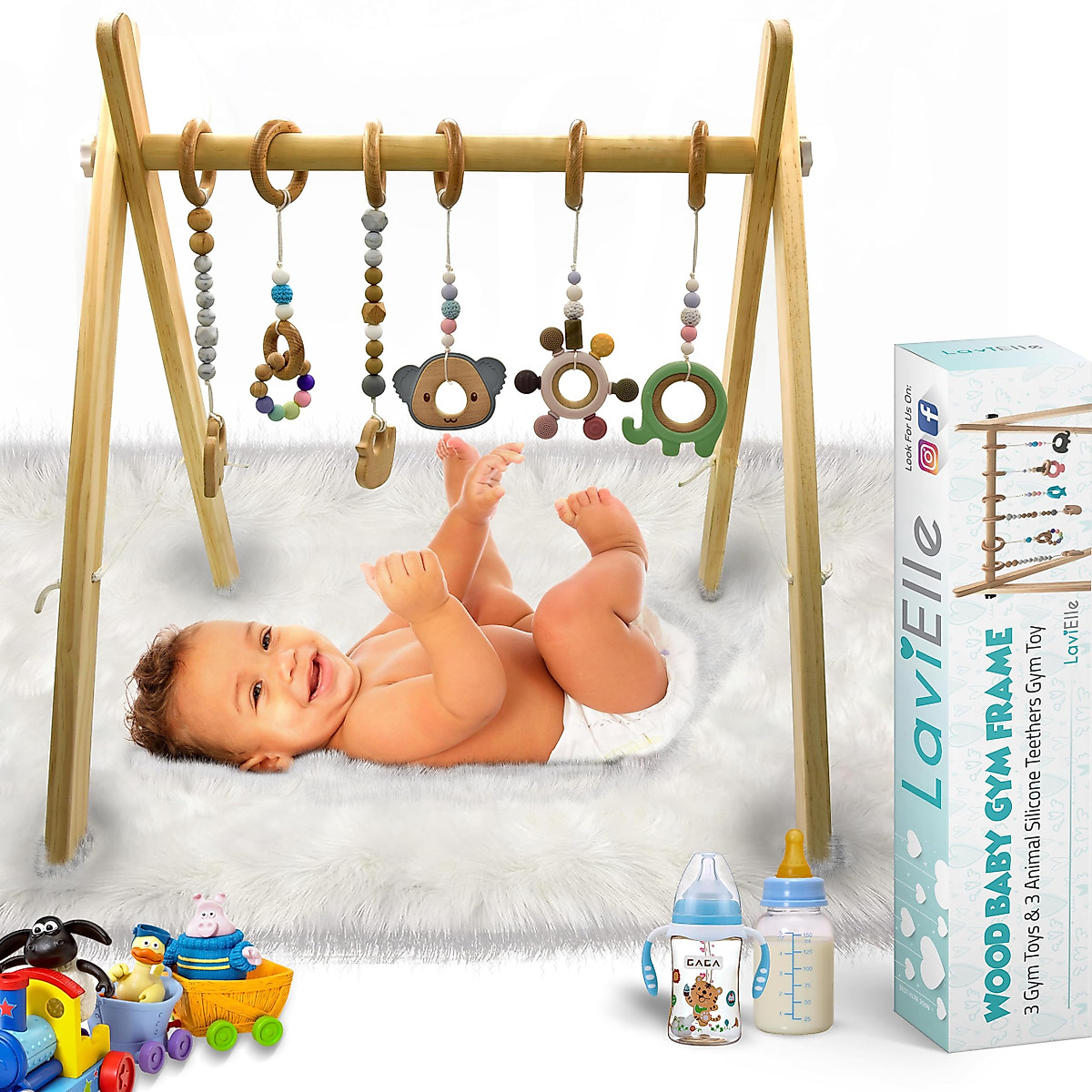 LaviElle Wooden Baby Gym for 0-1.5 Years | Certified Foldable Play Toys with Hanging Bar and Non-Toxic and Unique Teethers | Baby Activity Gym Perfect Gifting - Newborn Babies | Toddlers Development