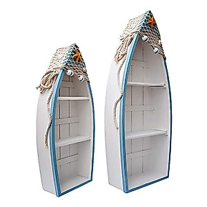 K KILIPES Set of 2 Wooden Nautical Boat Display Shelf Beach Theme Table Decor Standing Boat Shelf for Bathroom Living Room (Nautical)