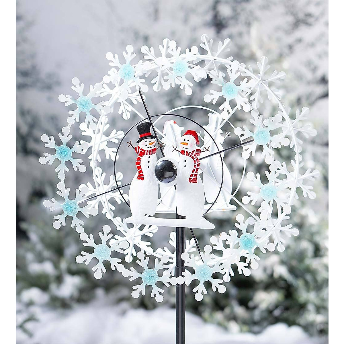 Plow & Hearth Christmas Holiday Winter Snowman and Snowflakes Metal Wind Spinner with Dual-Motion Rotors and Sectional Steel Pole with Ground Stakes in Powder-Coated Metal, 24" Dia. x 12" D x 75" H