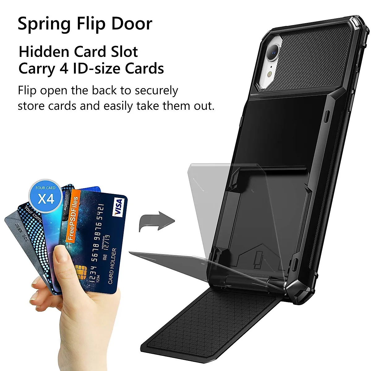 Vofolen for iPhone XR Case Wallet ID Slot Credit Card Holder Spring Pocket for Men Women Scratch Resistant Dual Layer Protective Bumper Rugged TPU Rubber Armor Hard Shell Cover for iPhone XR 10R Black